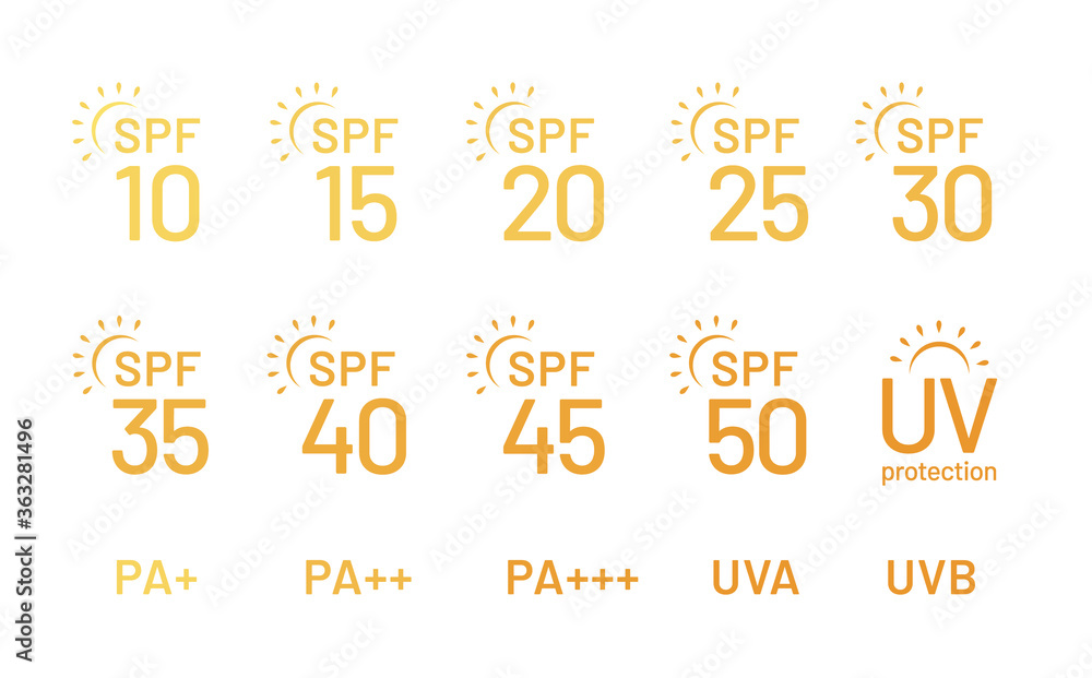 Set of simple flat SPF sun protection icons for sunscreen packaging. UV ...