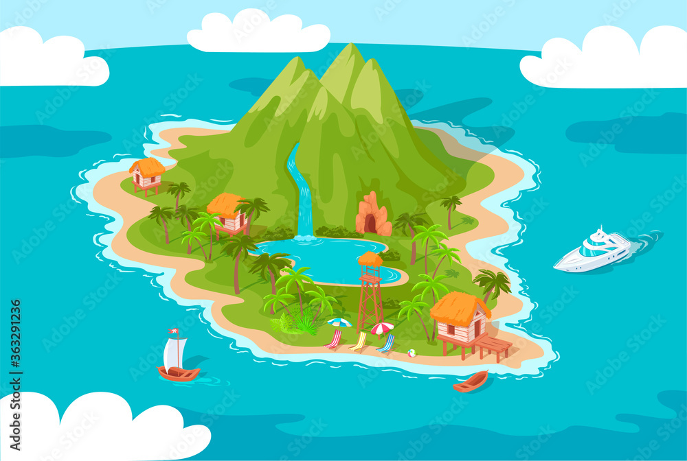 Colorful tropical island resort cartoon vector illustration Stock ...