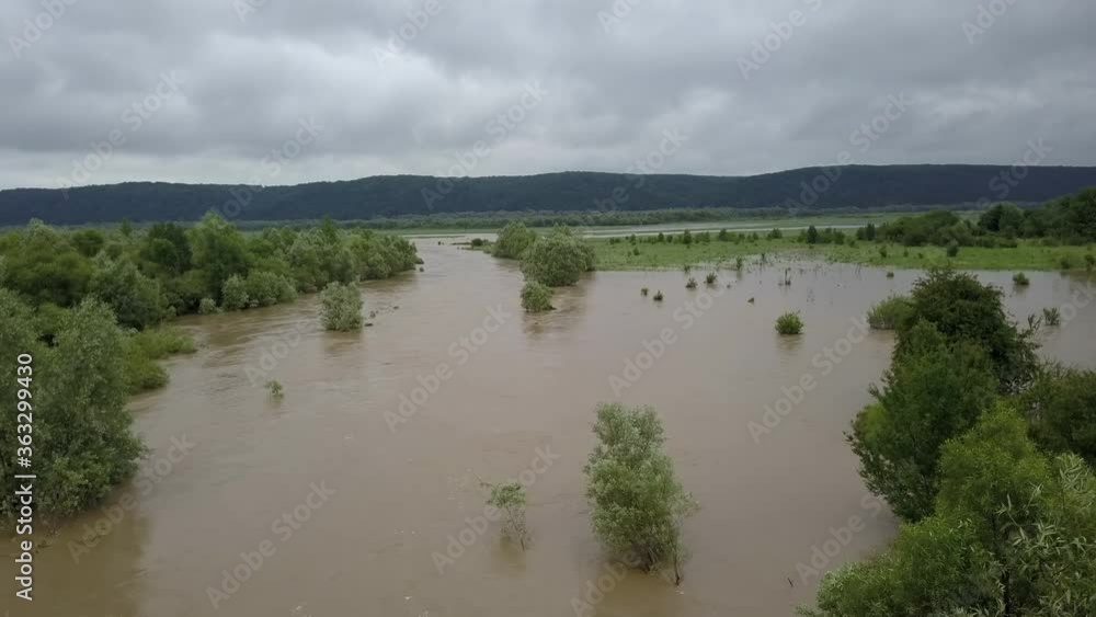 Aerial view flooded road heavy rain flooding taken during drone flight ...