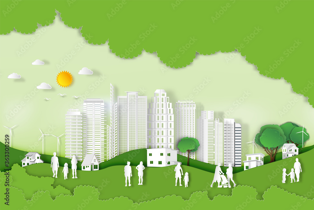 Paper art , cut and craft style of green eco urban city with people and ...