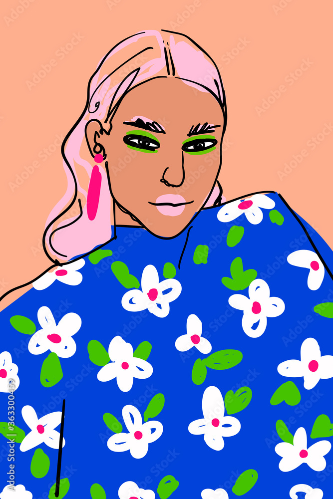 Hand drawn stylized beautiful lady. Pretty young woman portrait. Sketch ...