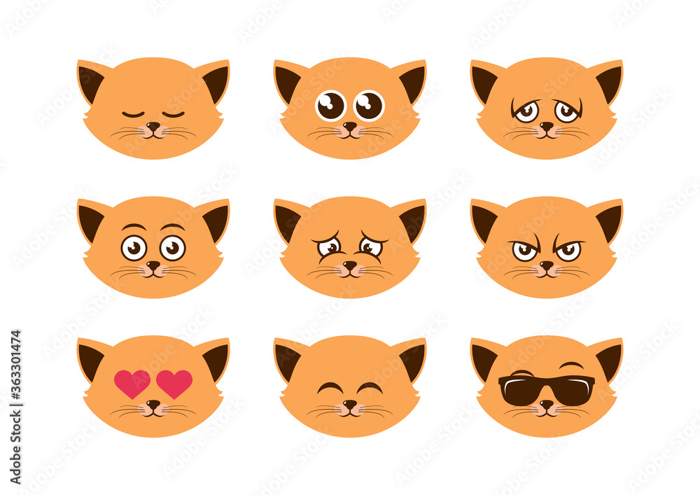 Cute domestic cat facial expressions icon set vector. Cute cats faces ...