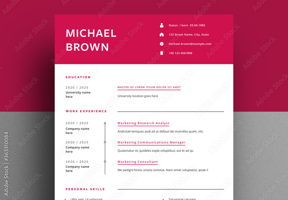 Clean Magenta Resume Layout Stock Template | Adobe Stock