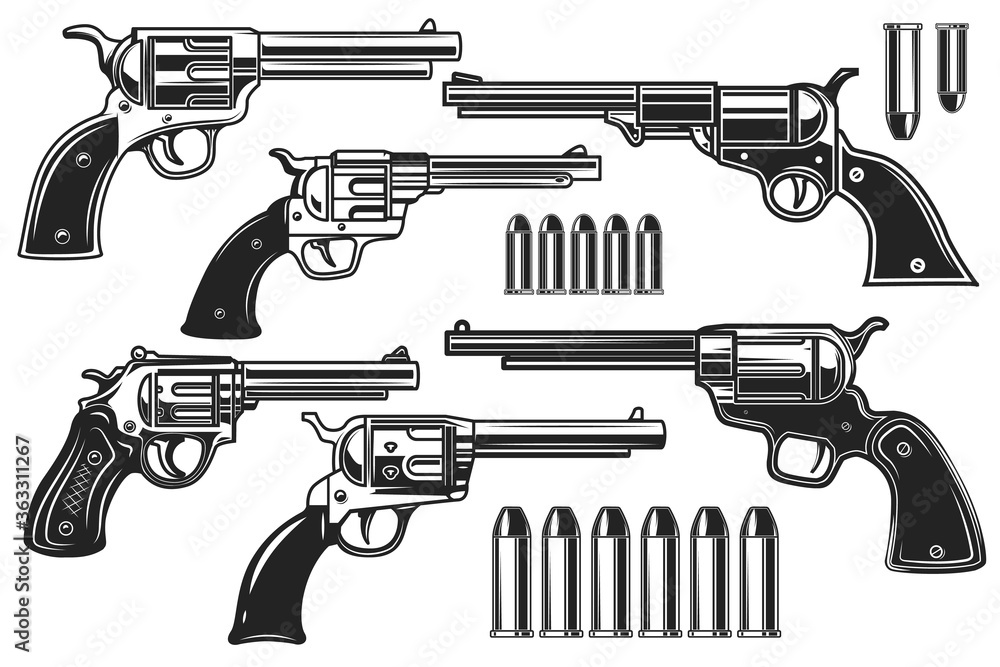 Set of illustrations of revolvers and cartridges. Design element for ...