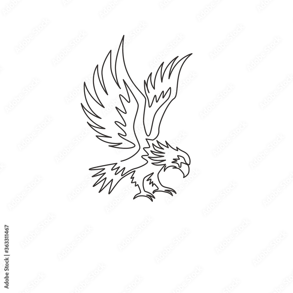 One continuous line drawing of strong eagle for delivery service logo identity. Hawk mascot ...