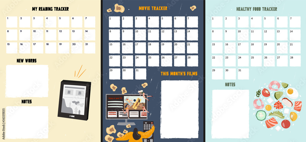 A set of trackers to track good habits. A reading tracker, healthy food ...