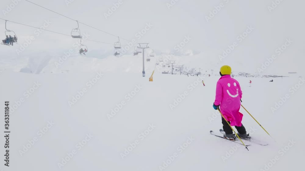 Funny adorable cute woman in bright pink outfit with smiley face on her ...