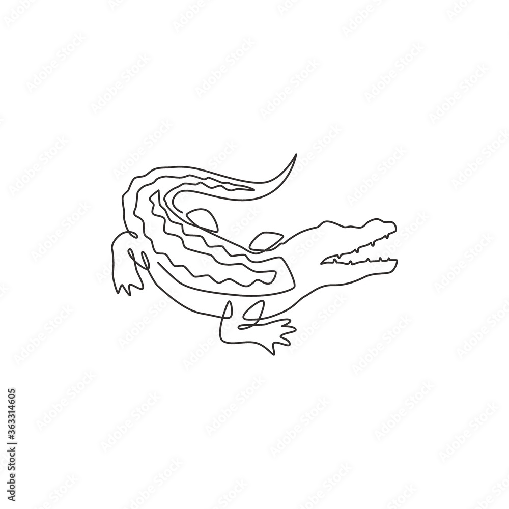 Single continuous line drawing of wild rough alligator with mouth ...
