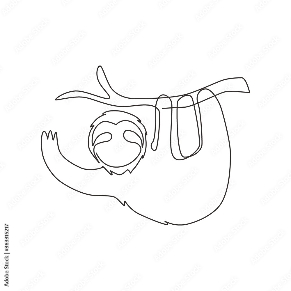 One single line drawing of lovely adorable sloth hanging and waving ...