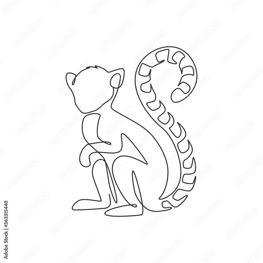 One single line drawing of cute funny sitting lemur for logo identity ...