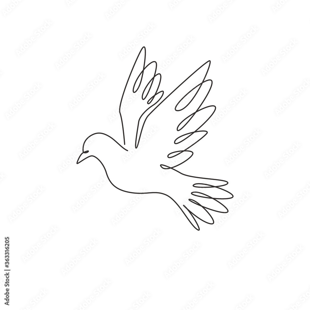 Single continuous line drawing of adorable flying dove bird for logo ...