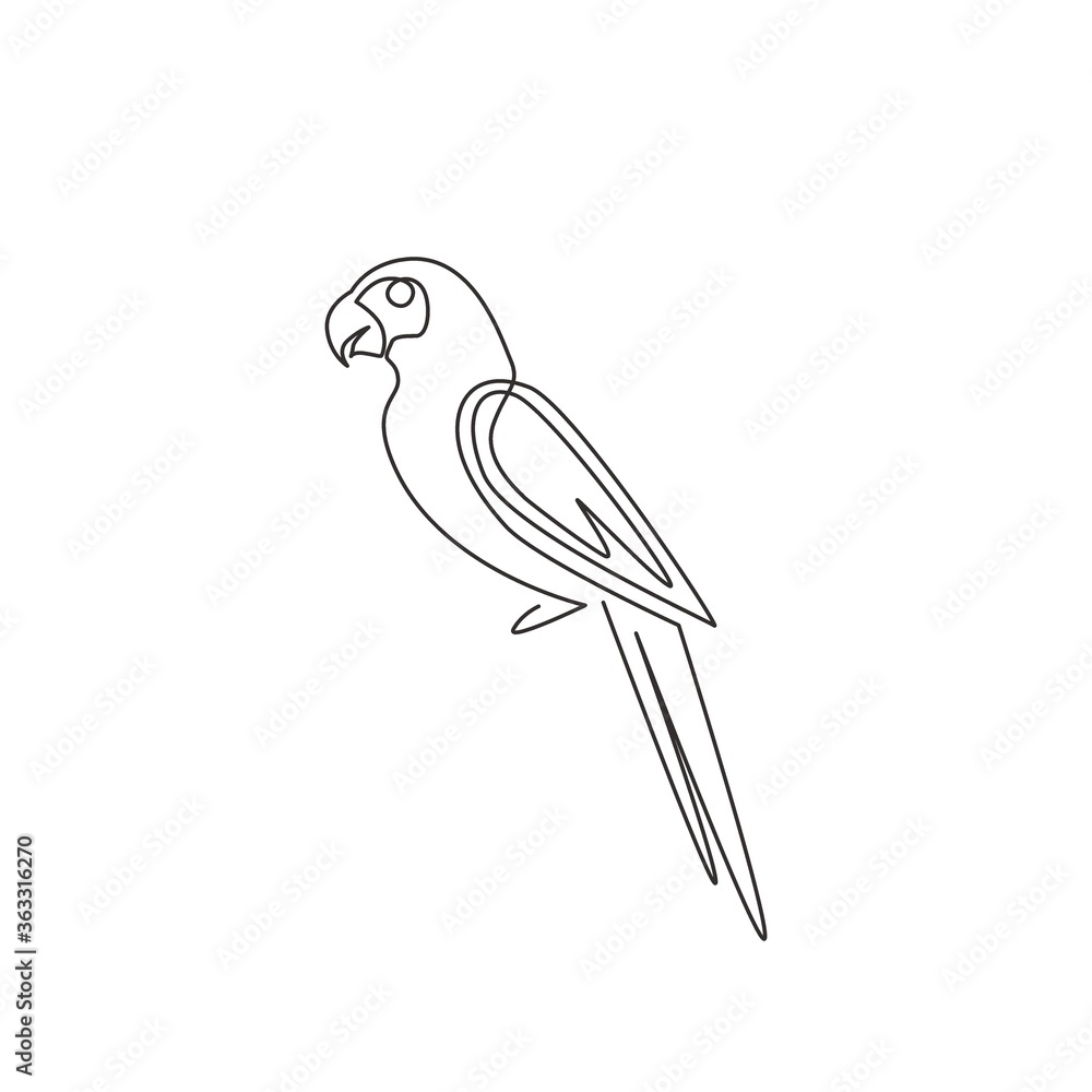 One continuous line drawing of cute parrot bird with long tail for logo ...