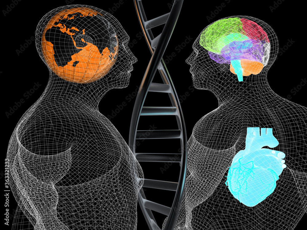 3D medical background with DNA strands and wire human body model with ...