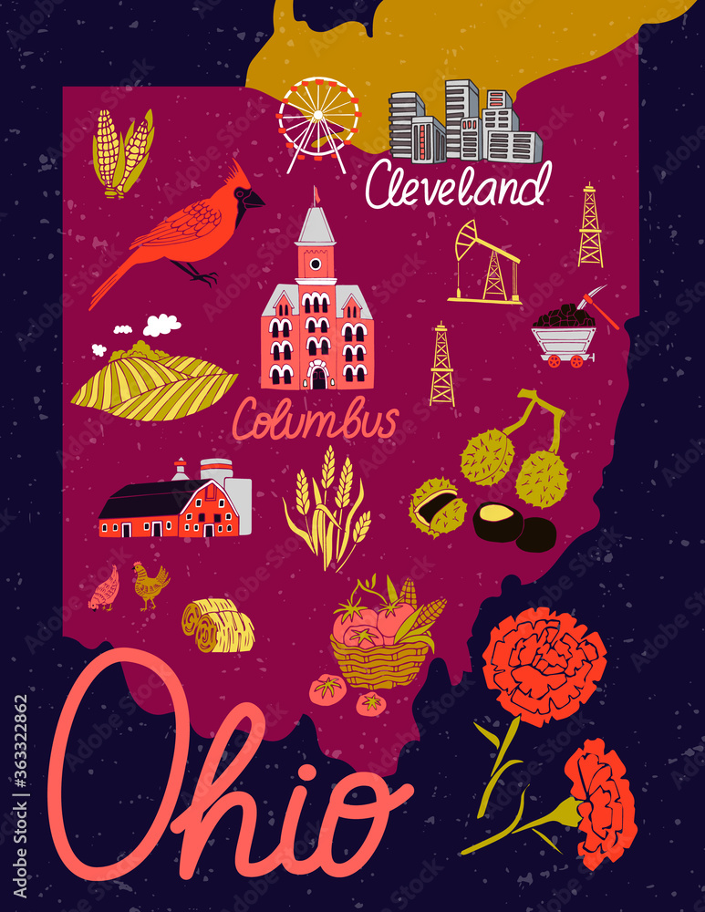 Illustrated map of Ohio, USA. Travel and attractions. Souvenir print ...