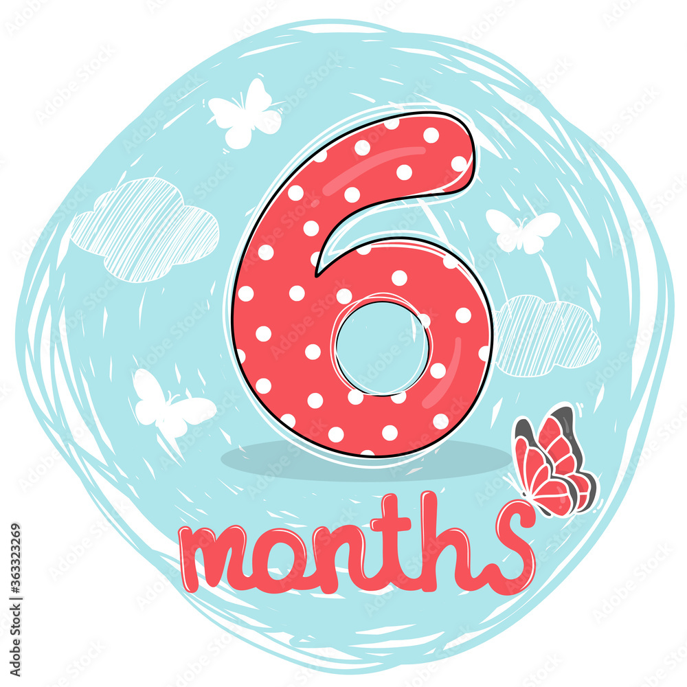Number six with butterflies and clouds for the sixth month of life. For ...