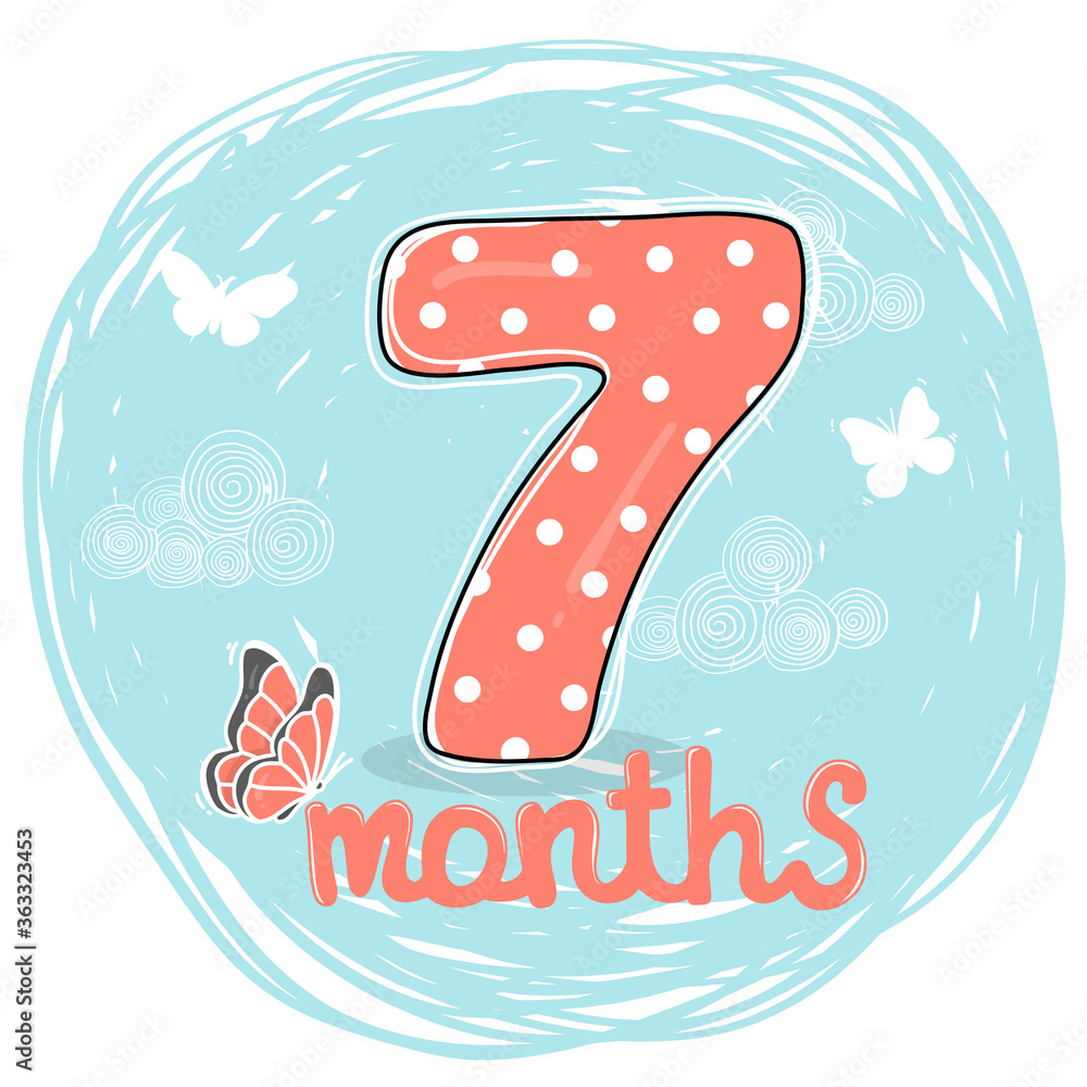 Number seven with butterflies and clouds for the seventh month of life ...