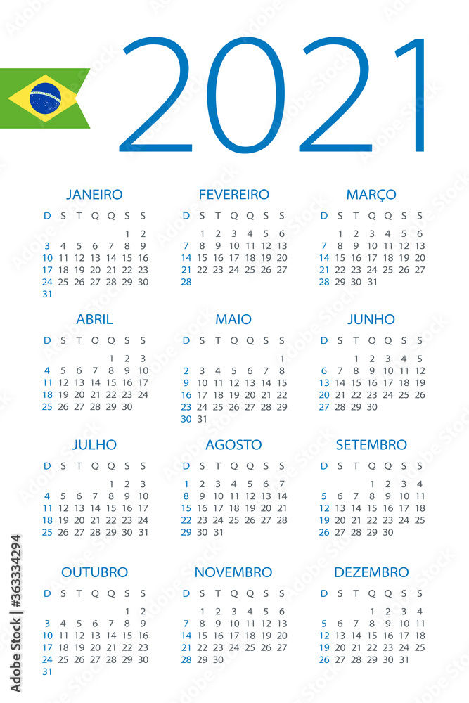 Calendar 2021 - illustration. Brazilian version.Week starts on Sunday ...