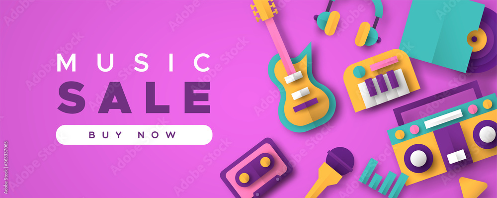 Music business sale template with papercut icons Stock Vector | Adobe Stock