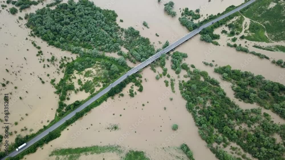 Aerial view flooded road heavy rain flooding taken during drone flight ...