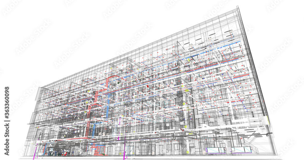 BIM model of an office building in wireframe view Stock Illustration ...