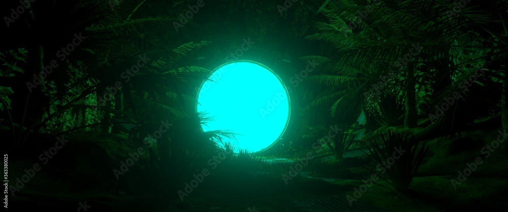 Glowing green screen surrounded by tropical trees. 3D illustration with ...