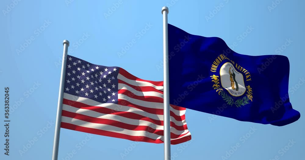 Kentucky flag and the USA on a flagpole realistic wave on wind not ...