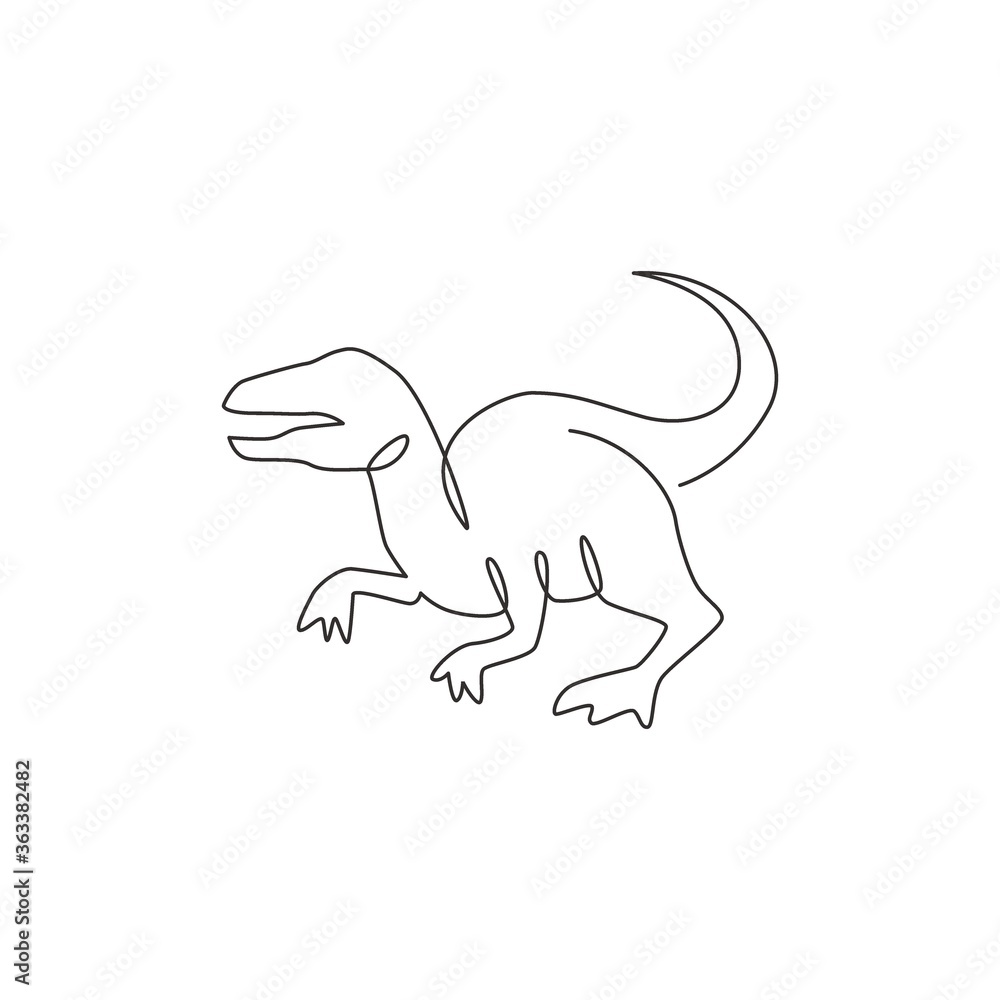 One continuous line drawing of aggressive predator velociraptor animal ...