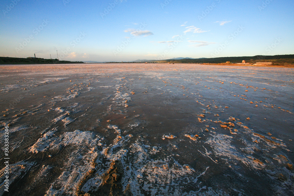 View of the salt pan and mineral crust with red algae of Lake Magadi ...