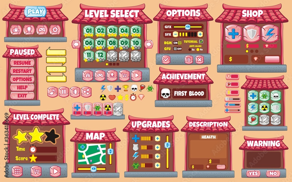 house Game User Interface Design, Illustration of a funny graphic gui ...