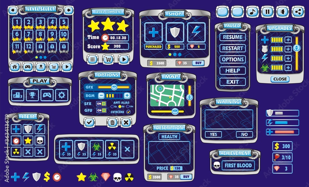 scifi Game User Interface Design, Illustration of a funny graphic gui background, in cartoon ...