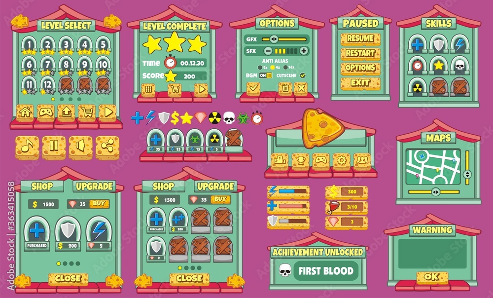 cheese Game User Interface Design, Illustration of a funny graphic gui ...