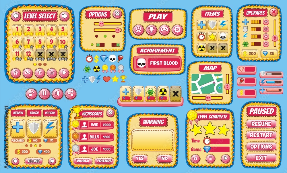 Game User Interface Design, Illustration of a funny graphic gui background, in cartoon style ...