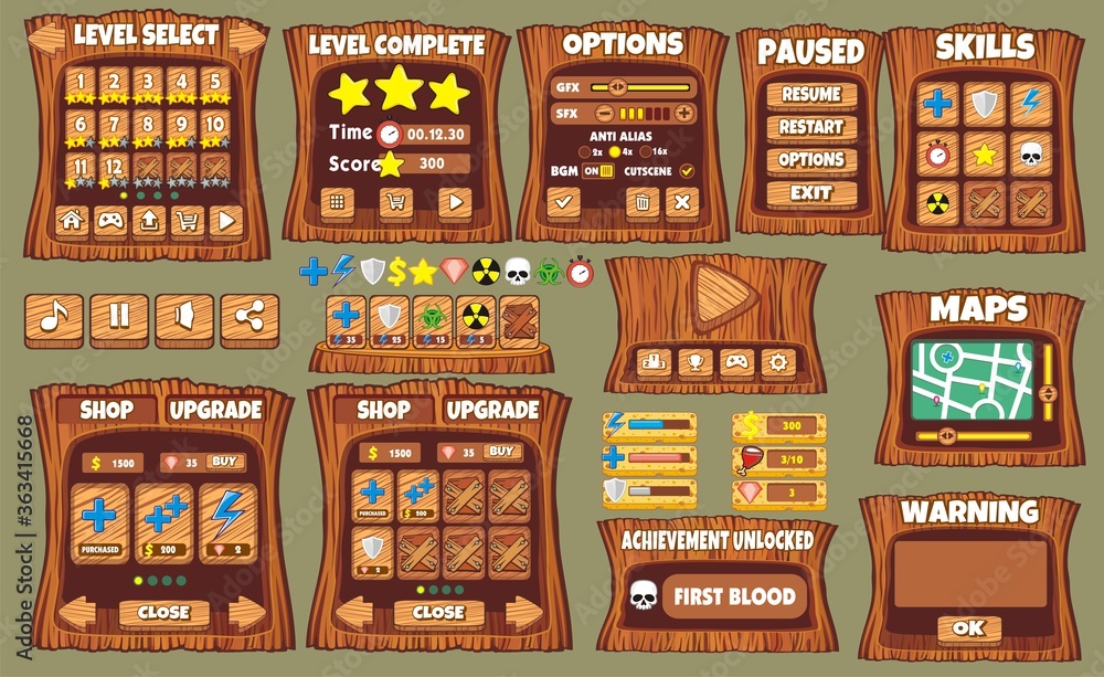 wood Game User Interface Design, Illustration of a funny graphic gui ...