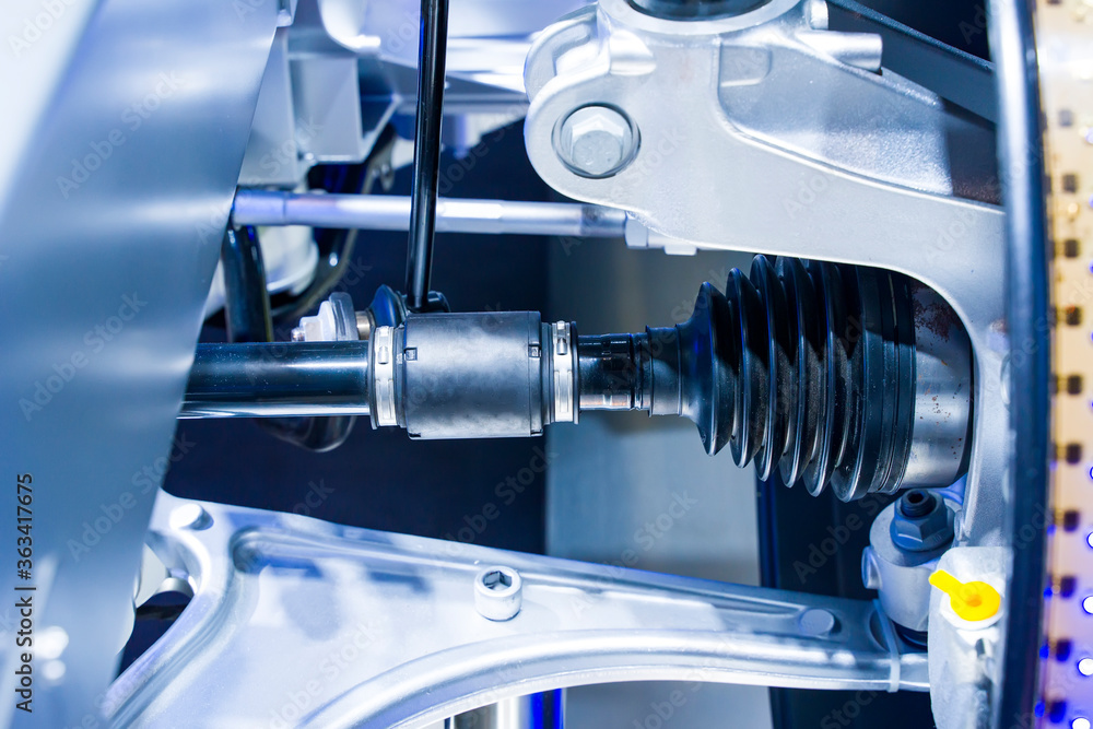 electric system of eco car front driving axle in the car, visible ...