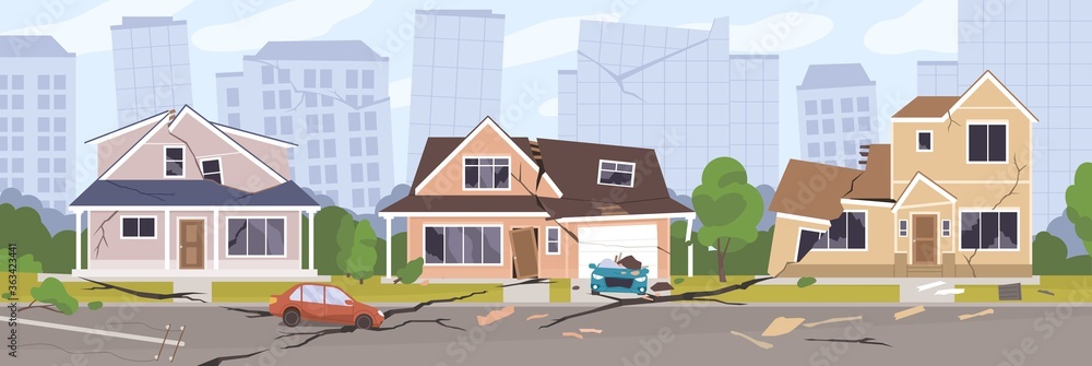 Earthquake city panorama vector illustration. Damaged house, cars and ...
