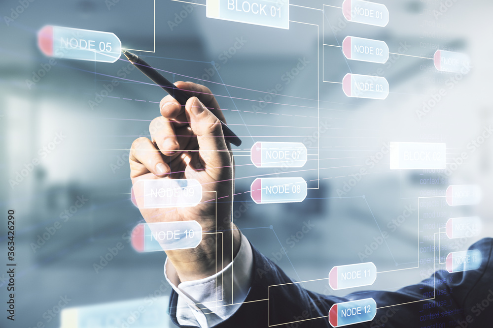 Man hand with pen working with abstract virtual coding illustration on ...