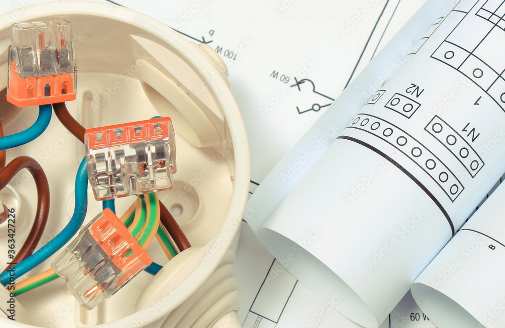 Electrical box with connections of electric copper wires and ...