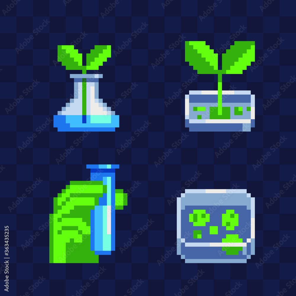Eco and bio technology concept. Lab flask pixel art icon. Chemical test ...