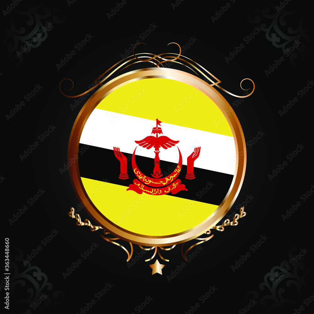 Flag of Brunei Darussalam round icon with gold Circle Frame, badge or ...