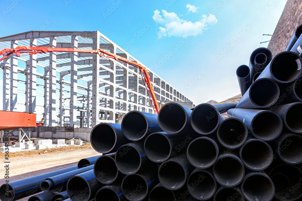 Polyethylene pipes ( HDPE ) in the construction site.Plastics pipes ...