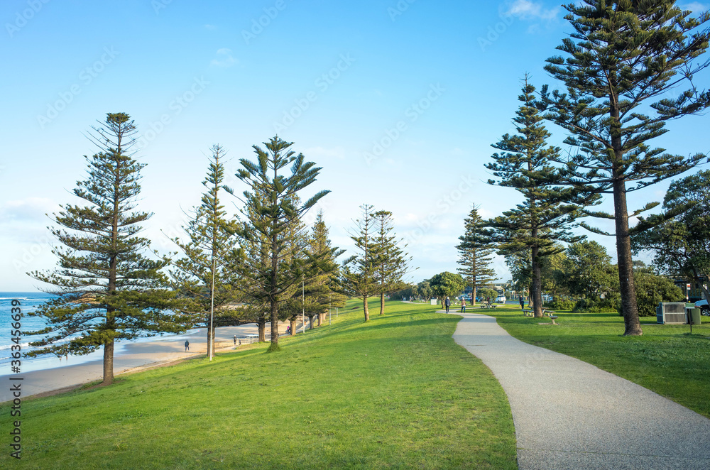 View of the park at Torquay Front Beach, a popular tourist attractions ...