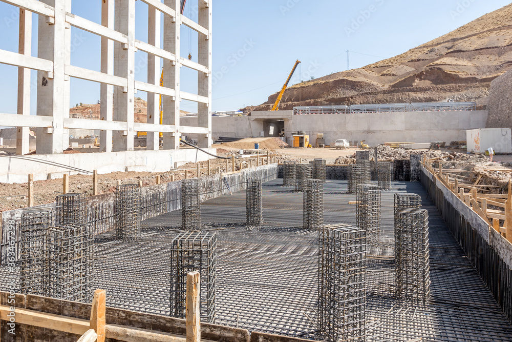 Installation of rebar, reinforcing steel bars for concrete in the ...