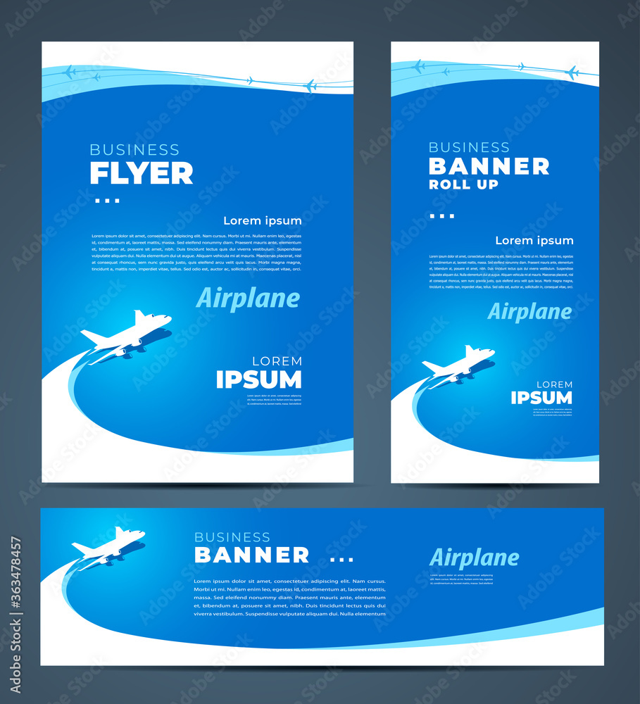 Airplane takeoff fly curves theme Set flyer cover, banner, roll up ...