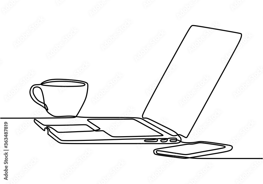 Single continuous one line drawing of computer laptop, and cup of ...