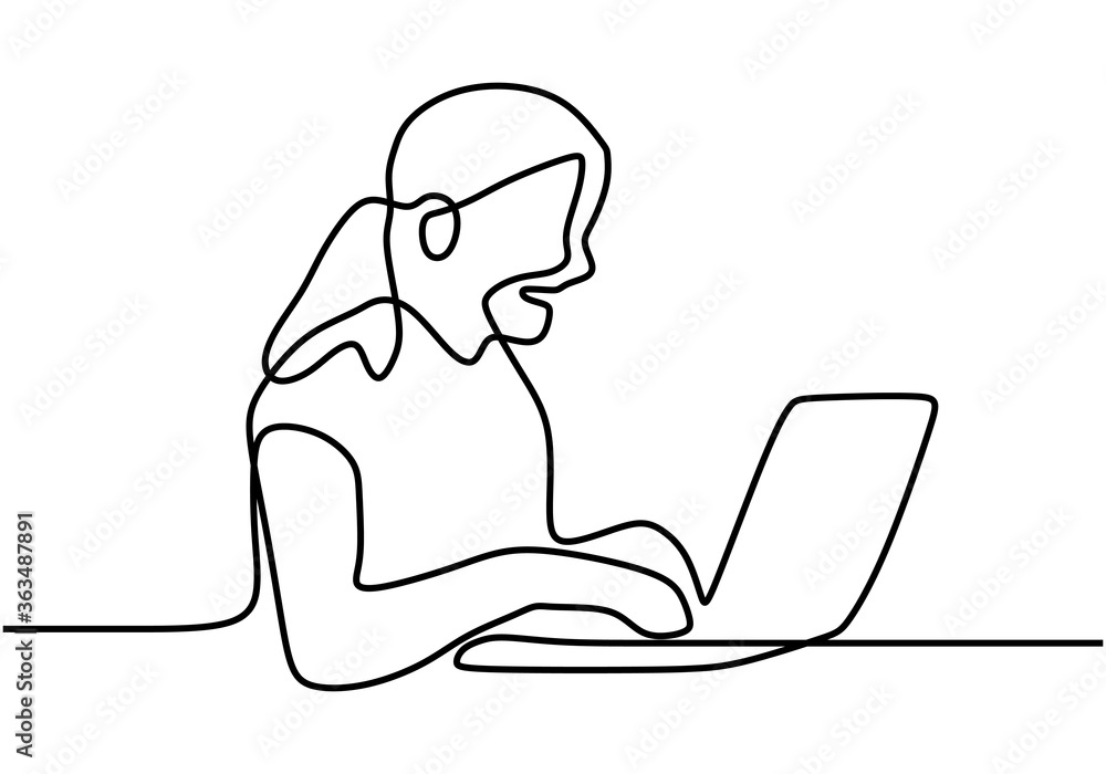one continuous drawn line of a cute girl playing a computer hand-drawn ...