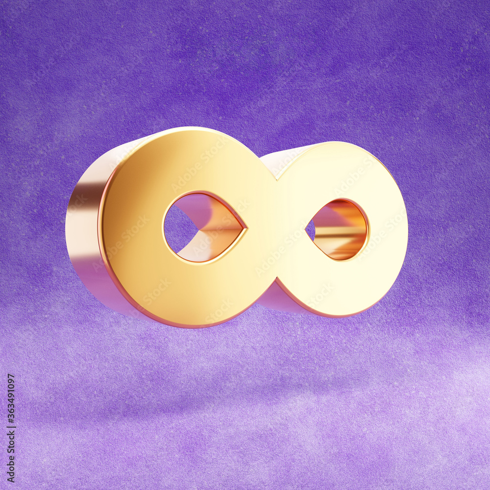 Infinity icon. Gold glossy Infinity symbol isolated on violet velvet ...
