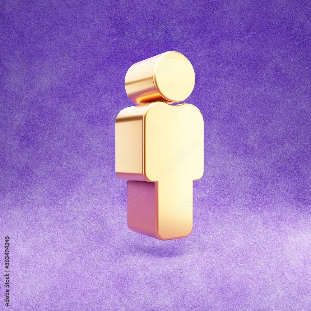 Male icon. Gold glossy Male symbol isolated on violet velvet background ...