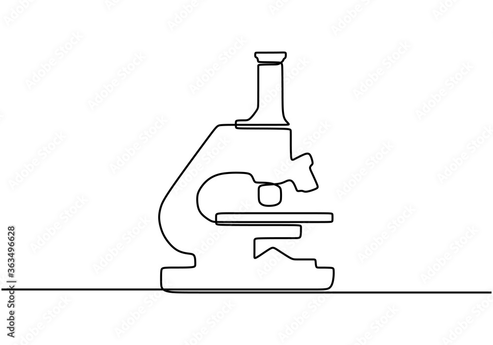 A modern medical microscope drawn by a single black line on a white ...