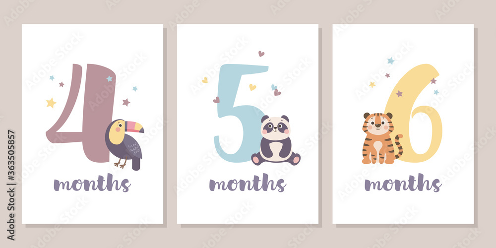 Cute baby month anniversary card with numbers and animals, 1 - 12 ...