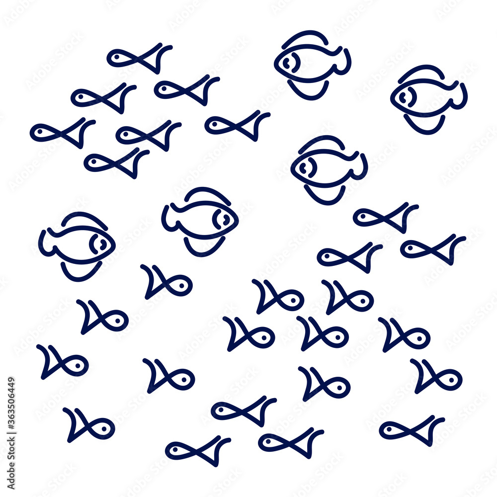 Marine vector pattern. Doodle Cute fish swim in different directions ...